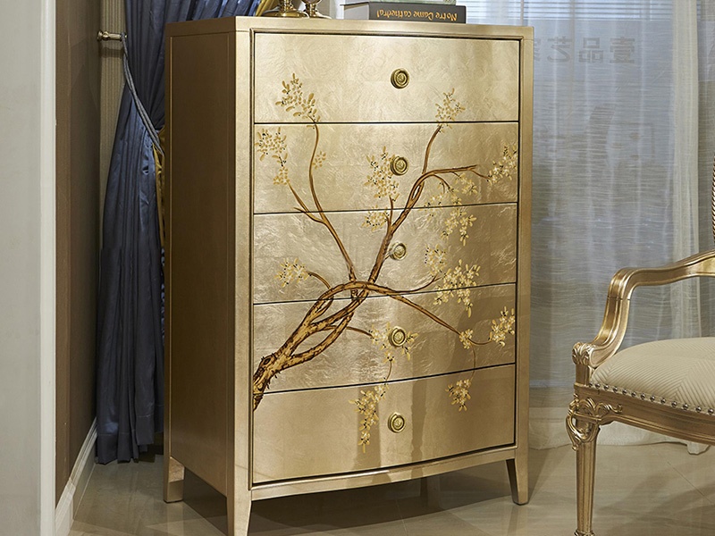 French Neoclassical Golden Tree Painting Solid Wood Bedside Table